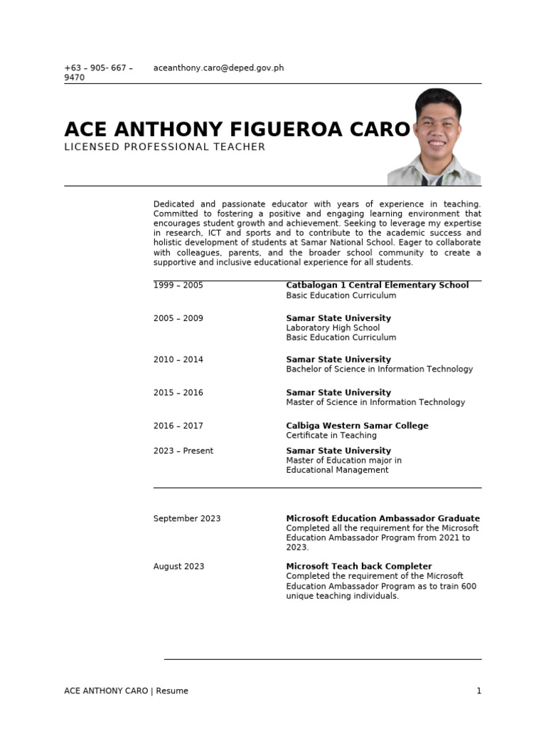 A Sample Curriculum Vitae For Application | PDF | Teachers | Schools