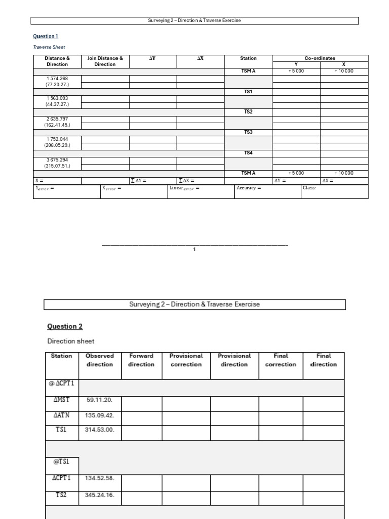 Surveying 2 - Direction and Traverse Exercise | PDF