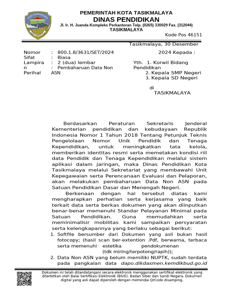 Surat Pembaharuan Data Non ASN Satuan Negeri | PDF