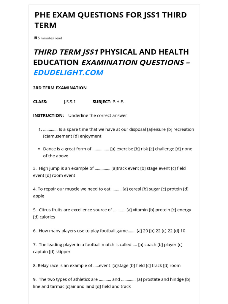 JSS1 Third Term PHE Exam Questions | PDF | Foods | Infection