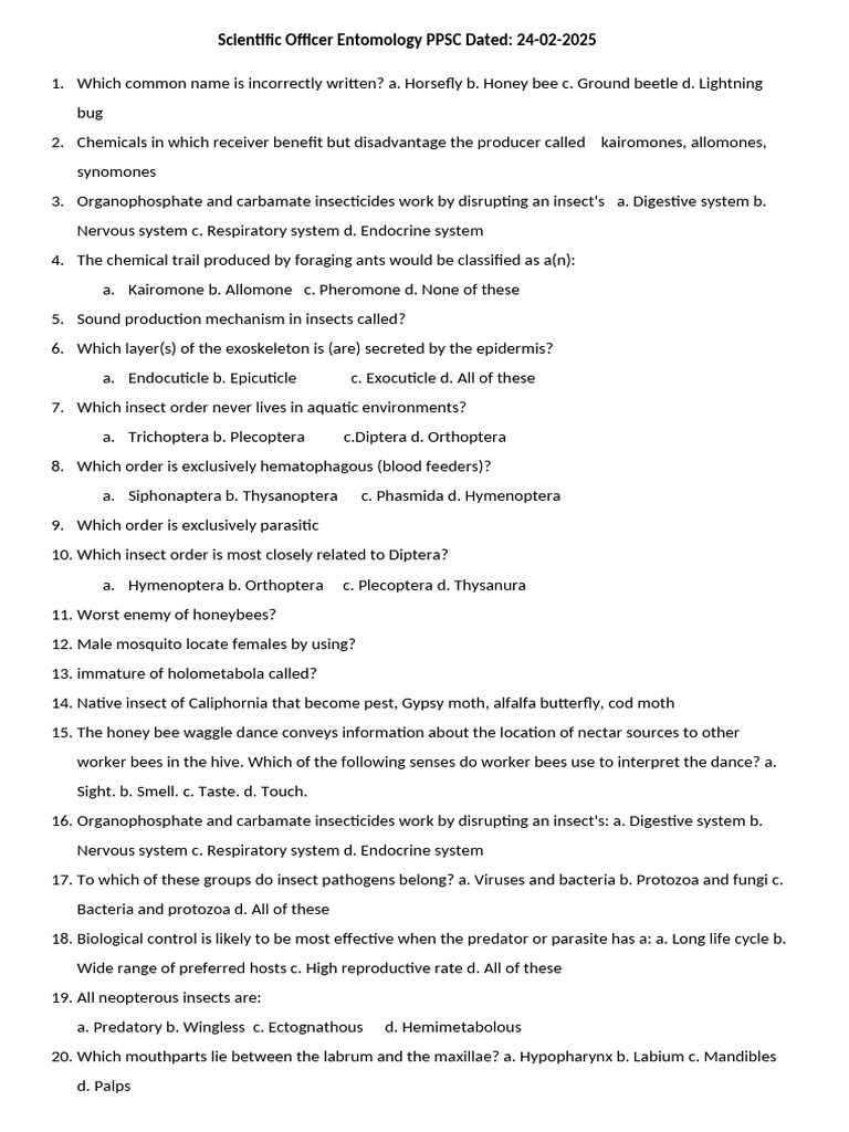 PPSC Scientific Officer Entomology Exam Guide | PDF | Insects | Hexapoda