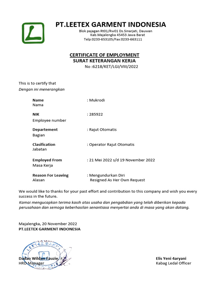Paklaring Mukrodi di PT Leetex Garment | PDF