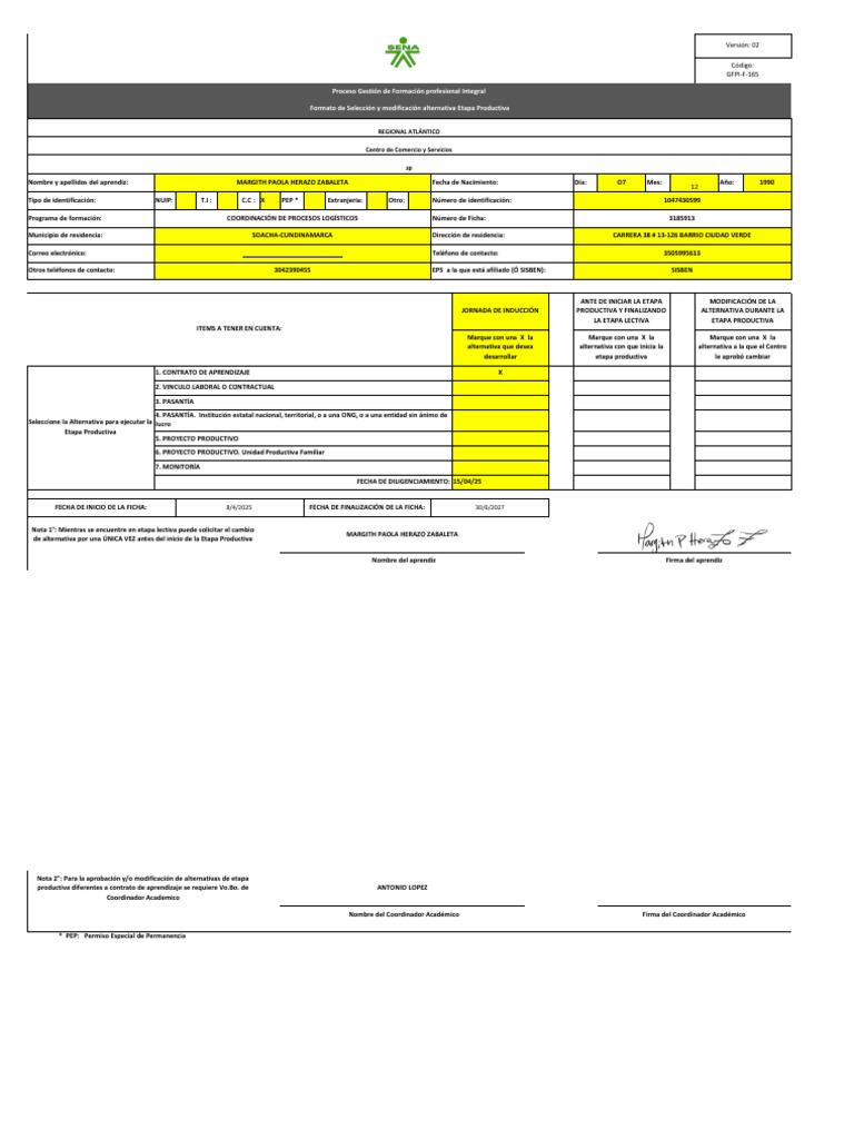 Formato de Selección y Modificación Alternativa Etapa Productiva | PDF