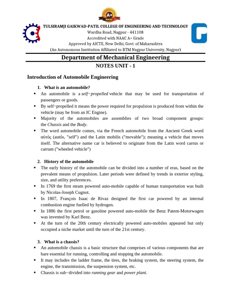 Automobile Eng. Notes UNIT-1 | PDF | Internal Combustion Engine | Piston