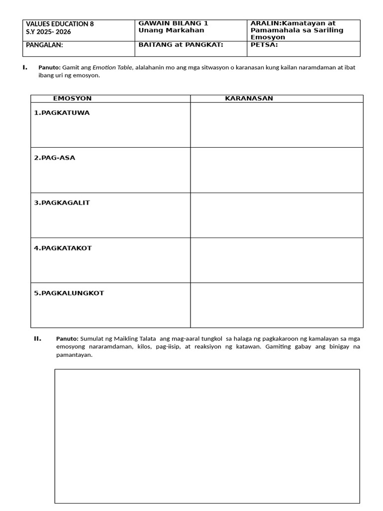 Values Education 8 Worksheet | PDF