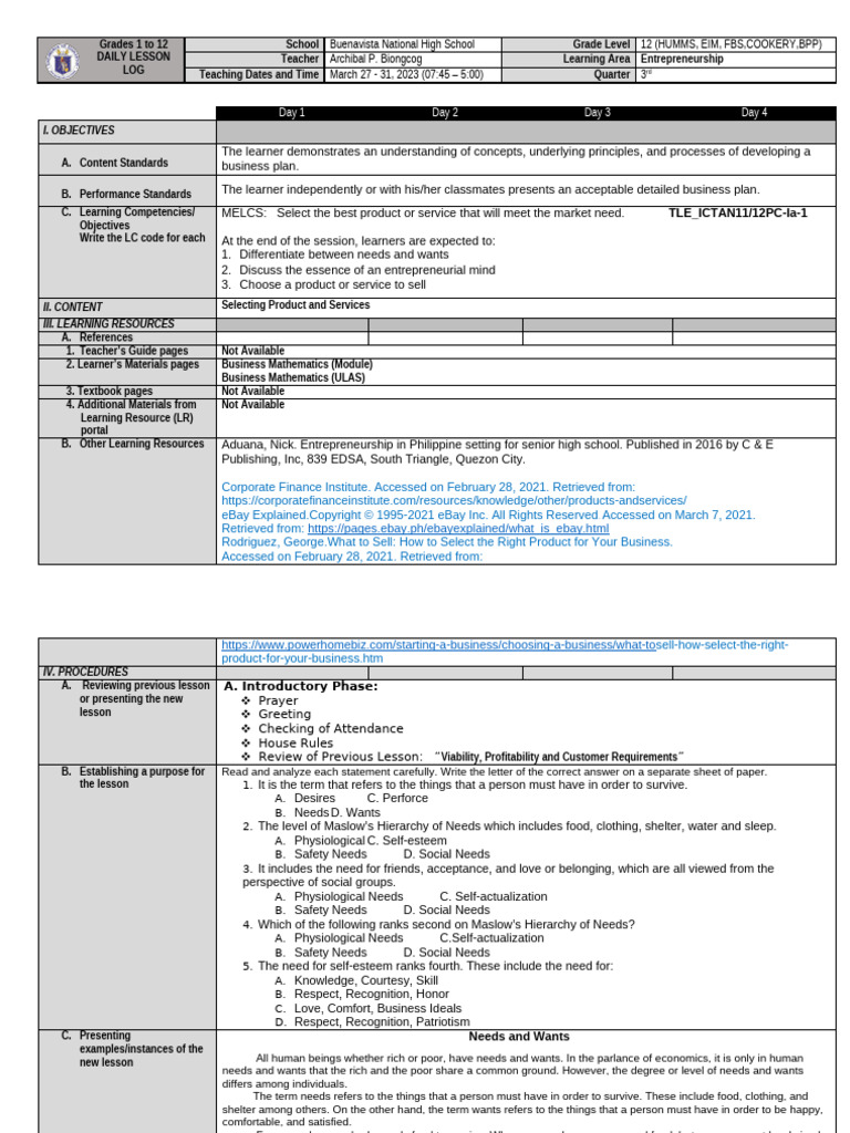Entrepreneurship Lesson Plan for Grade 12 | PDF | Self Actualization