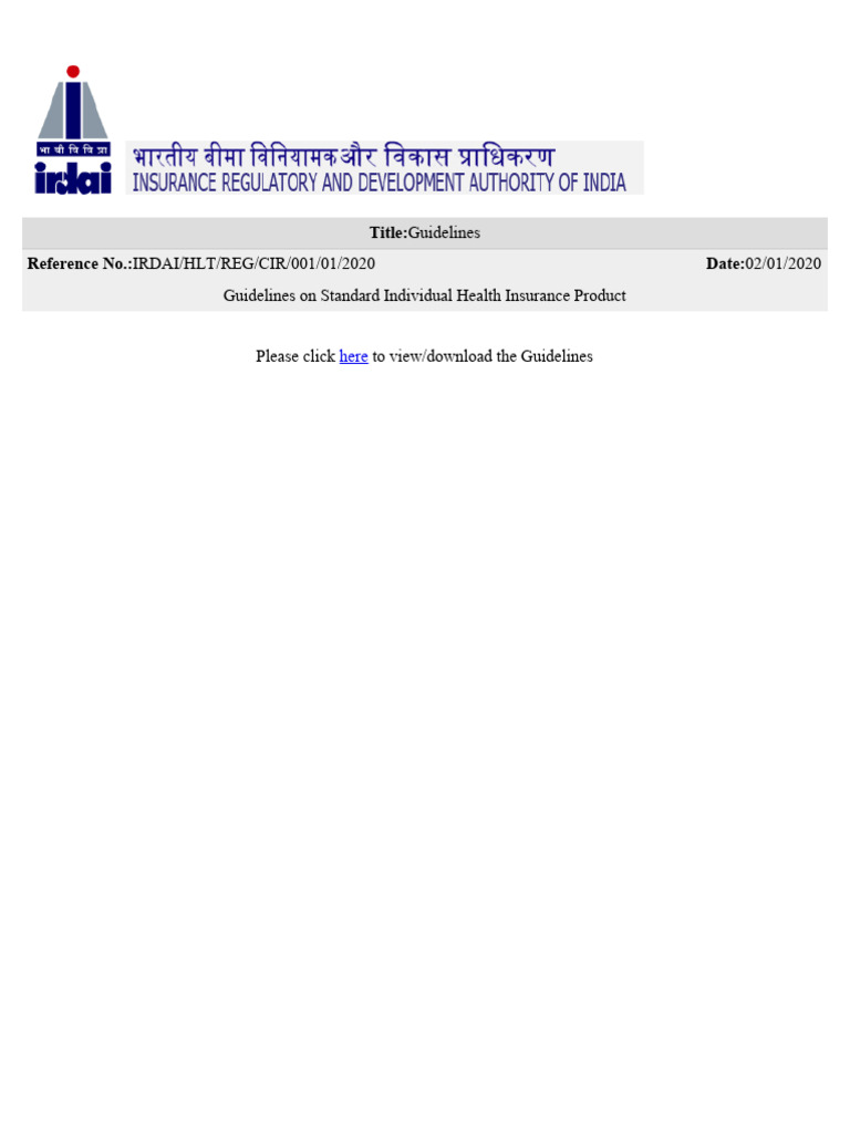 Guidelines On Standard Individual Health Insurance Product | PDF