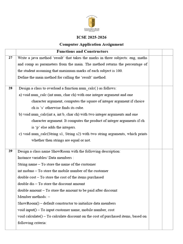 ICSE 2025-2026 Java Assignments Guide | PDF | Parameter (Computer Programming) | Method ...