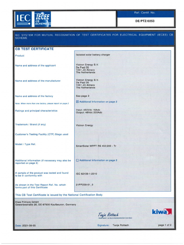 Certificate Safety IEC 62109 1 SmartSolar MPPT RS 450 200 TR | PDF
