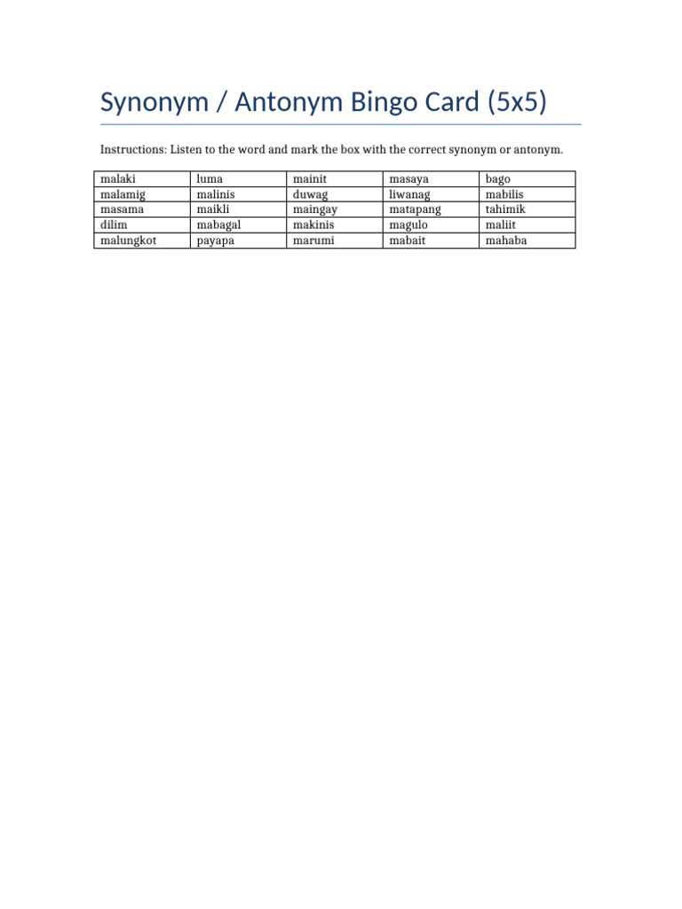 Synonym/Antonym Bingo Card | PDF