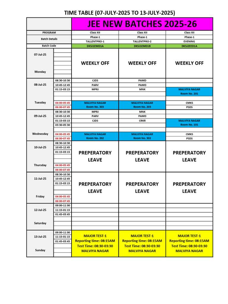 Iit-Jee Time Table (07 July-13 July 2025) | PDF