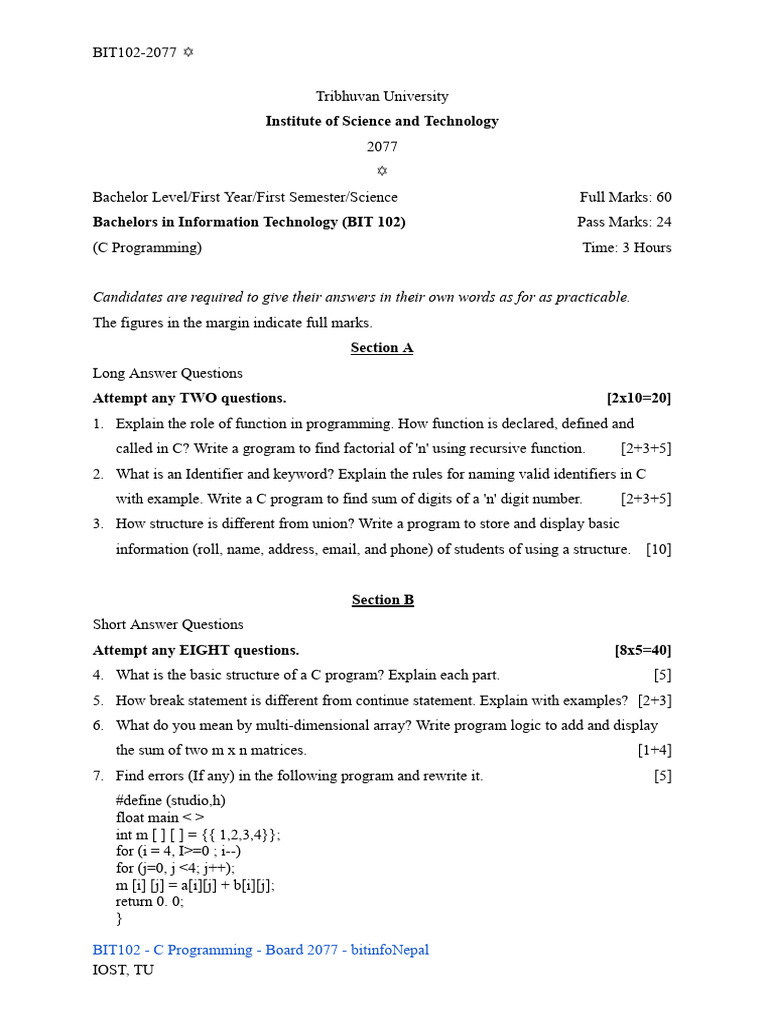 BIT102 - C Programming - Board 2077 - BitinfoNepal | PDF | Computing ...