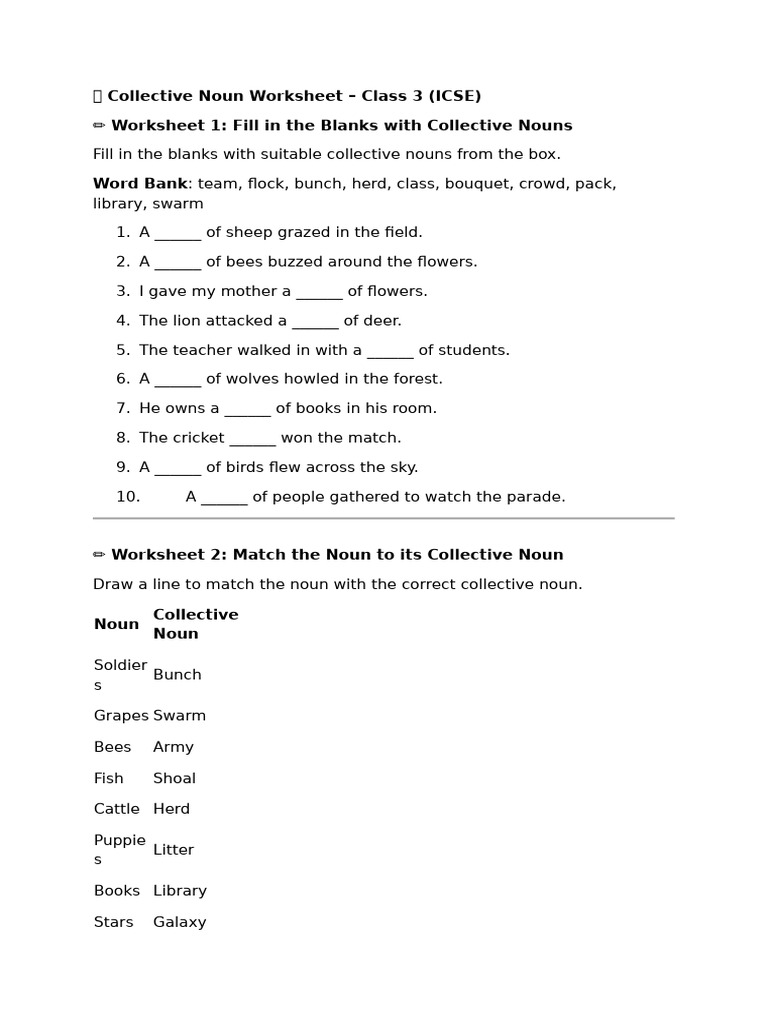 Class 3 Collective Noun Worksheet | PDF