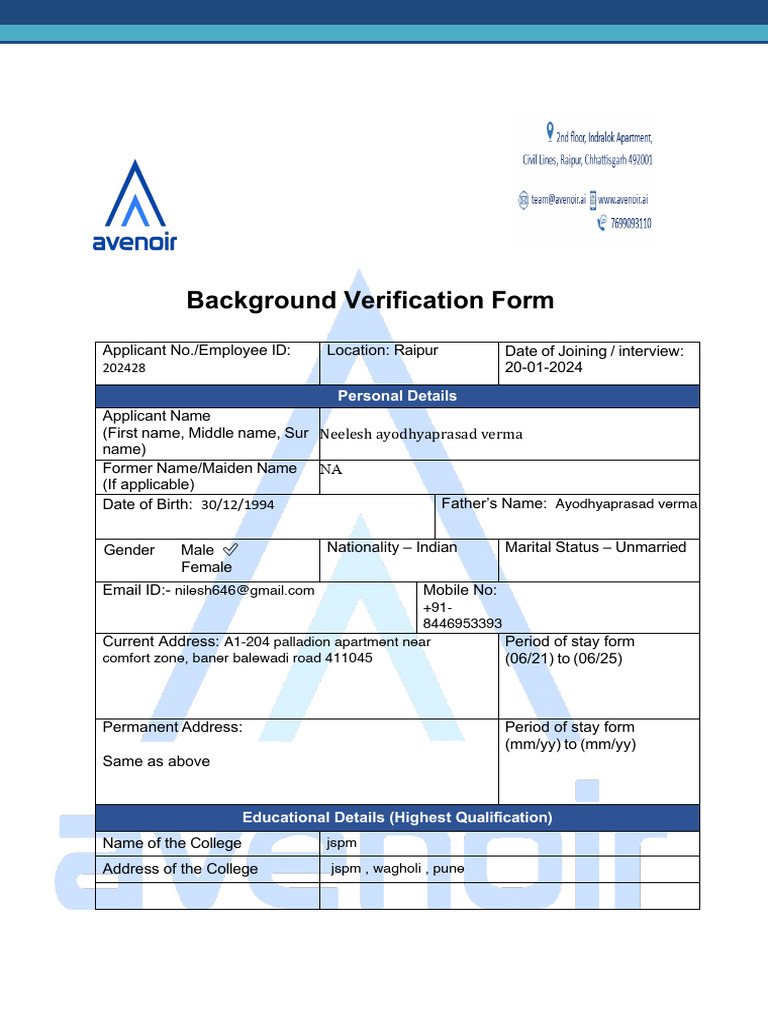 Neelesh Employee-Background-Verification-Form | PDF