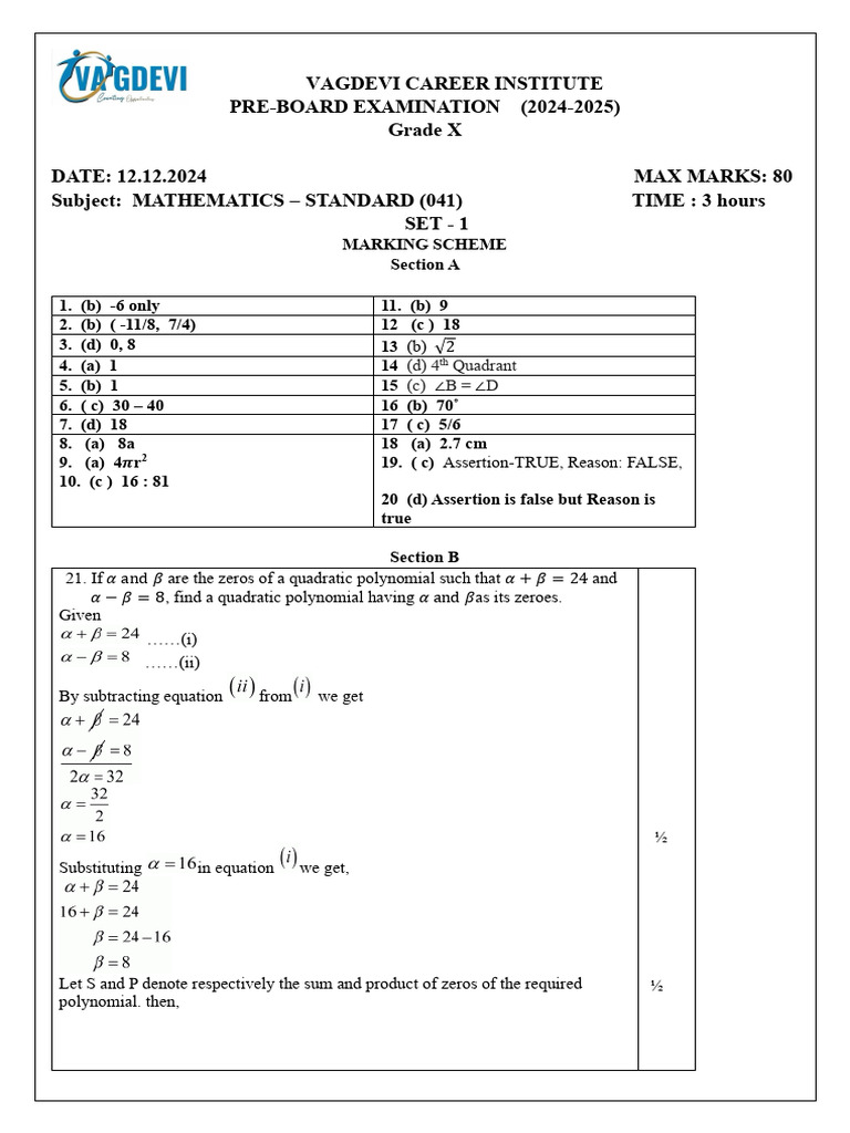 Mathematics Pre-Board Exam Marking Scheme | PDF | Circle | Polynomial