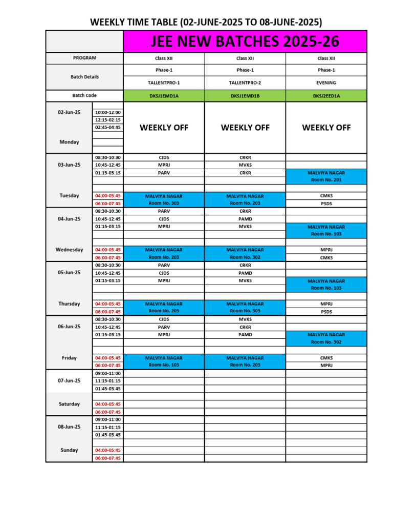 Iit-Jee Time Table (02-08 June 2025) - 1 | PDF