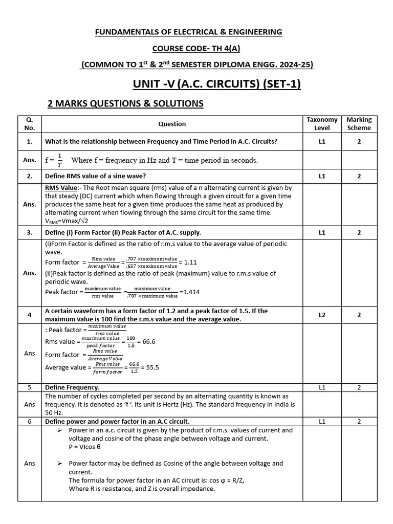 Fundamental of Electrical Engg Unit-V (Set-1) | PDF | Electrical ...