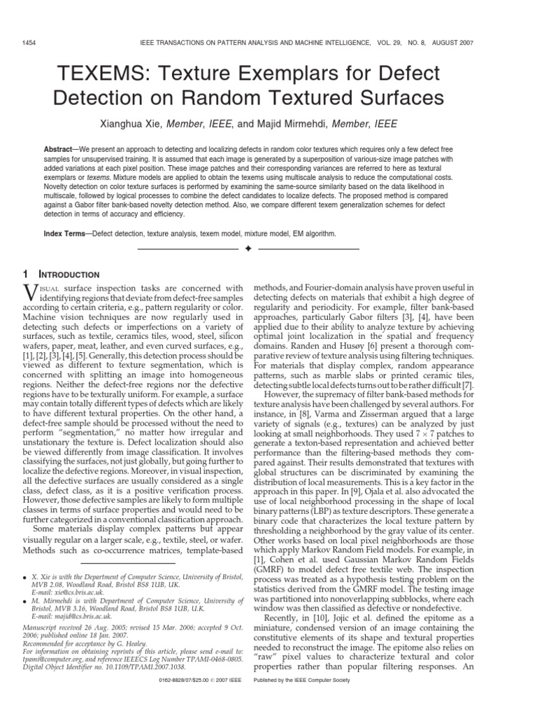 Texems Texture Exemplars For Defect Detection On Random Textured Surfaces Pdf Eigenvalues