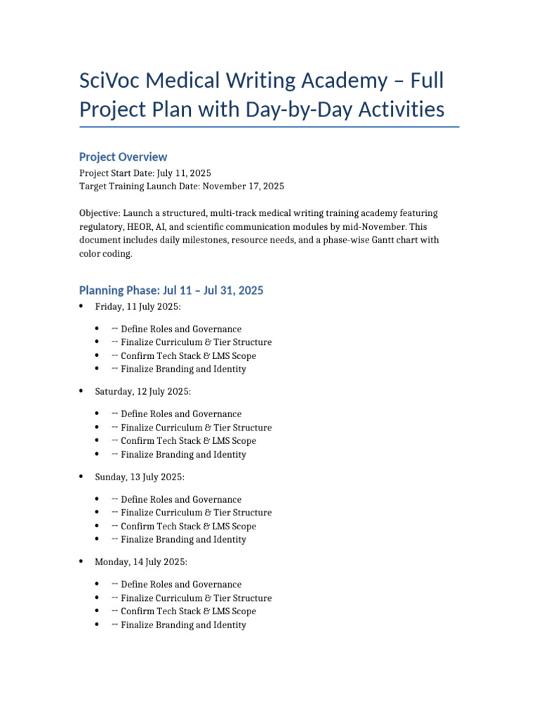 Medical Writing Academy Project Plan | PDF