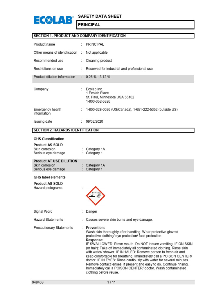 Ecolab Principal SDS Overview | PDF | Personal Protective Equipment ...