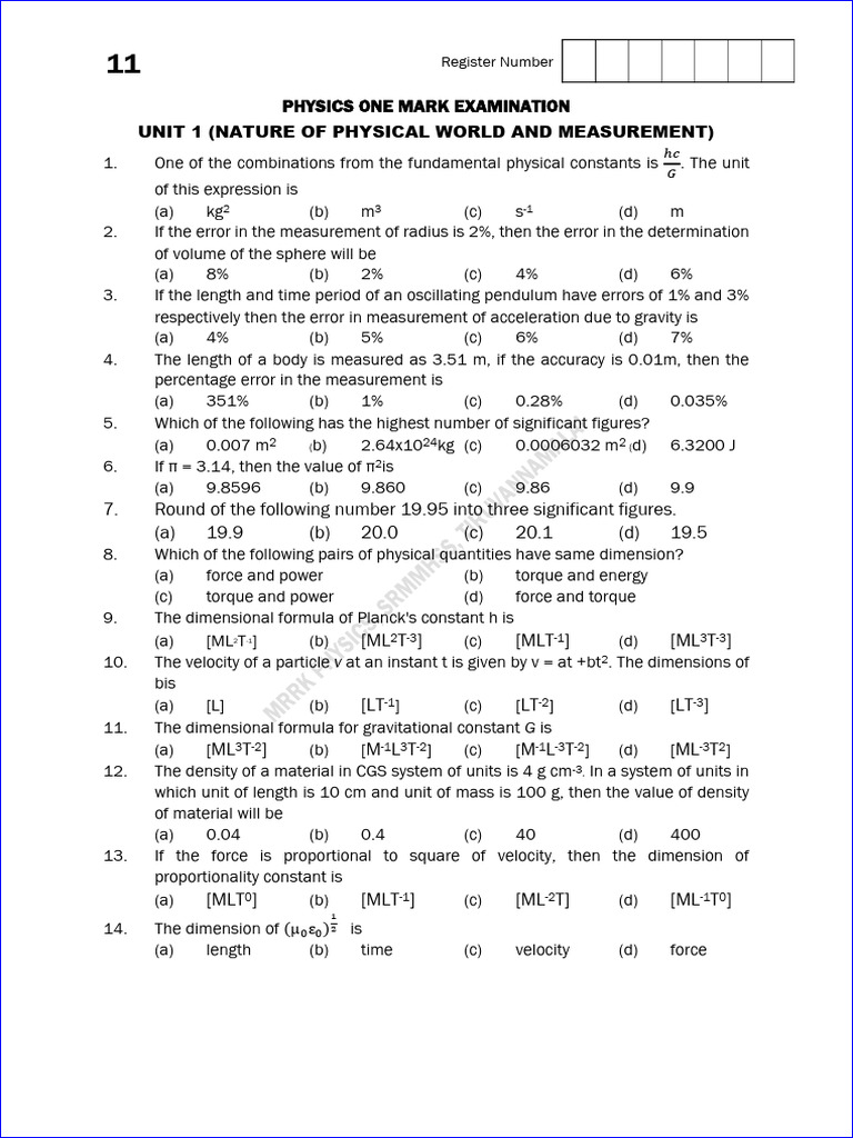 11th Physics Unit Wise 1 Mark Question Paper English Medium PDF ...