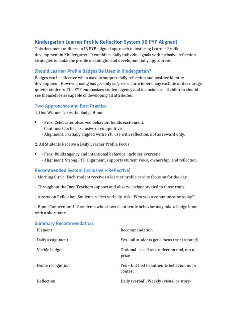 Kinder Learner Profile System PYP | PDF