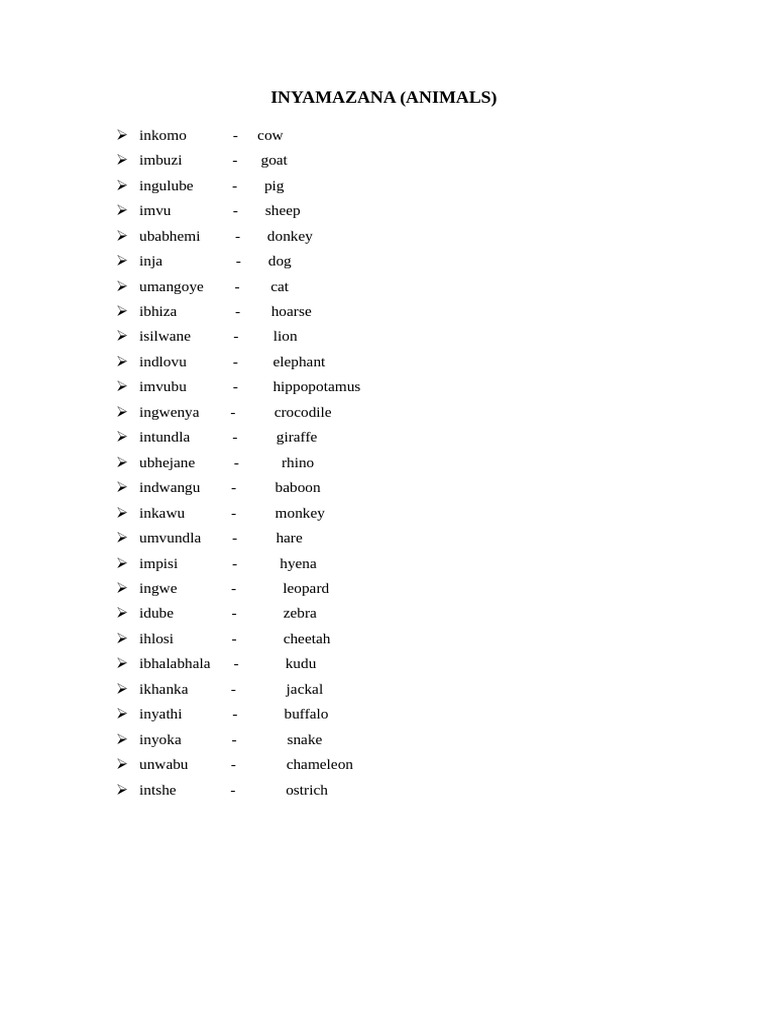 Inyamazana Animals | PDF