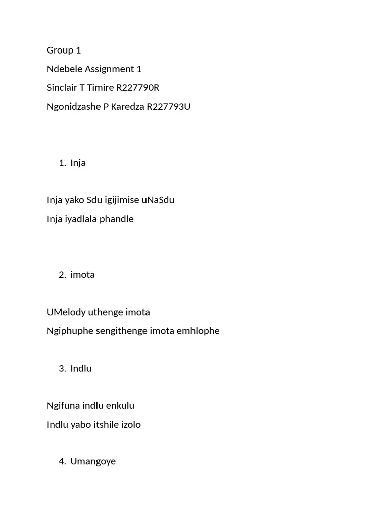 Ndebele Assignment 1 Group 1 | PDF