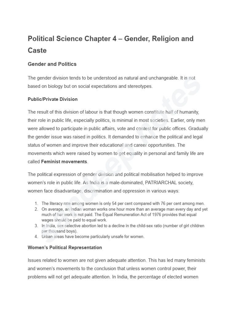 Political Science Chapter 3 - Gender, Religion and Caste | PDF | Woman ...