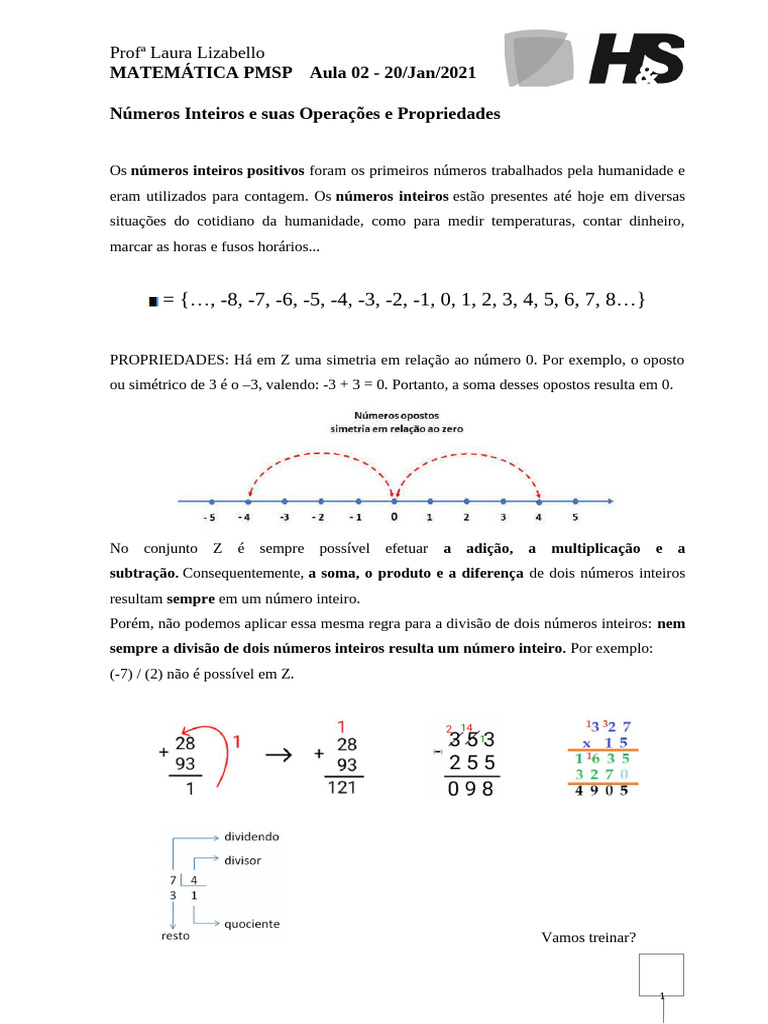 Aula 002 - Matemática - PMSP - Números Inteiros | PDF | Número inteiro | Divisão (Matemática)