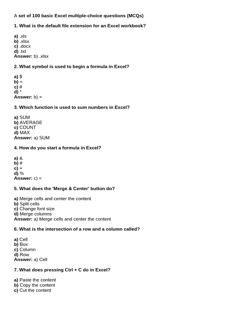 100 Basic Excel MCQs with Answers | PDF | Microsoft Excel | Computing