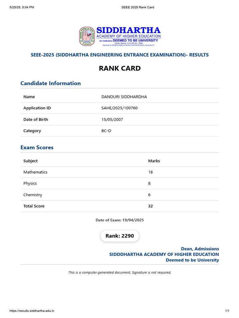 SEEE 2025 Rank Card | PDF