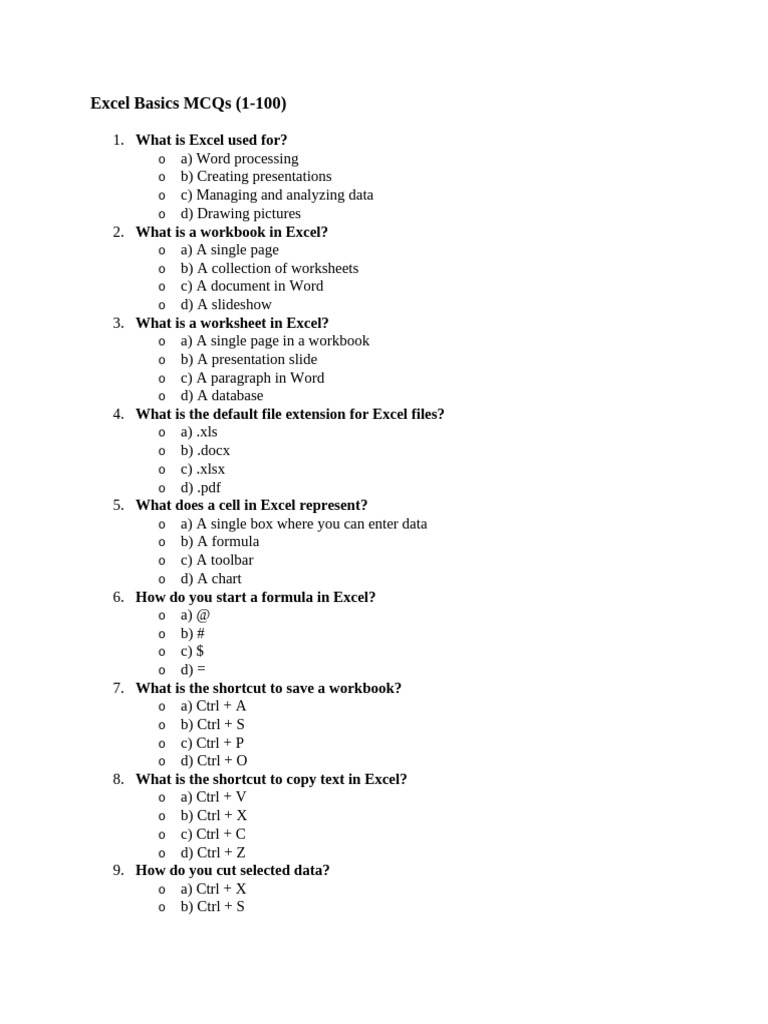 Excel Basics MCQs: Key Concepts | PDF | Microsoft Excel | Keyboard Shortcut