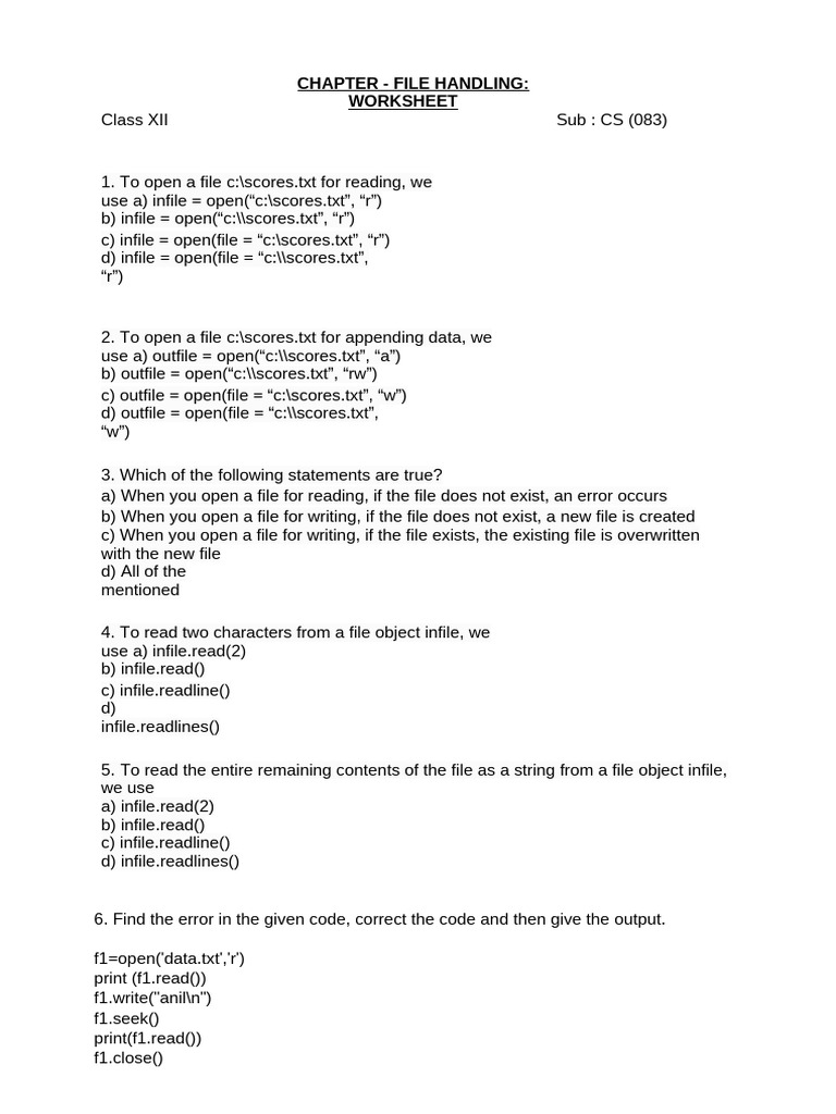 Text Files Worksheet-XII | PDF | Text File | Computer Programming