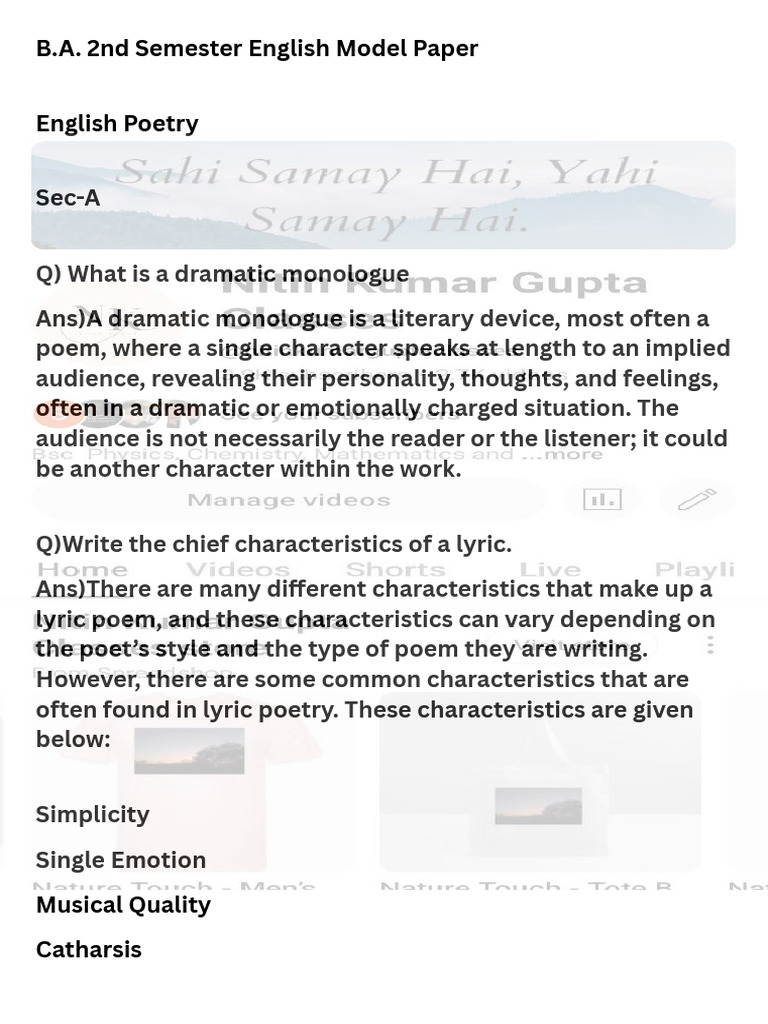 English Poetry Model Paper for B.A. 2nd Sem | PDF | Metre (Poetry) | Poetry