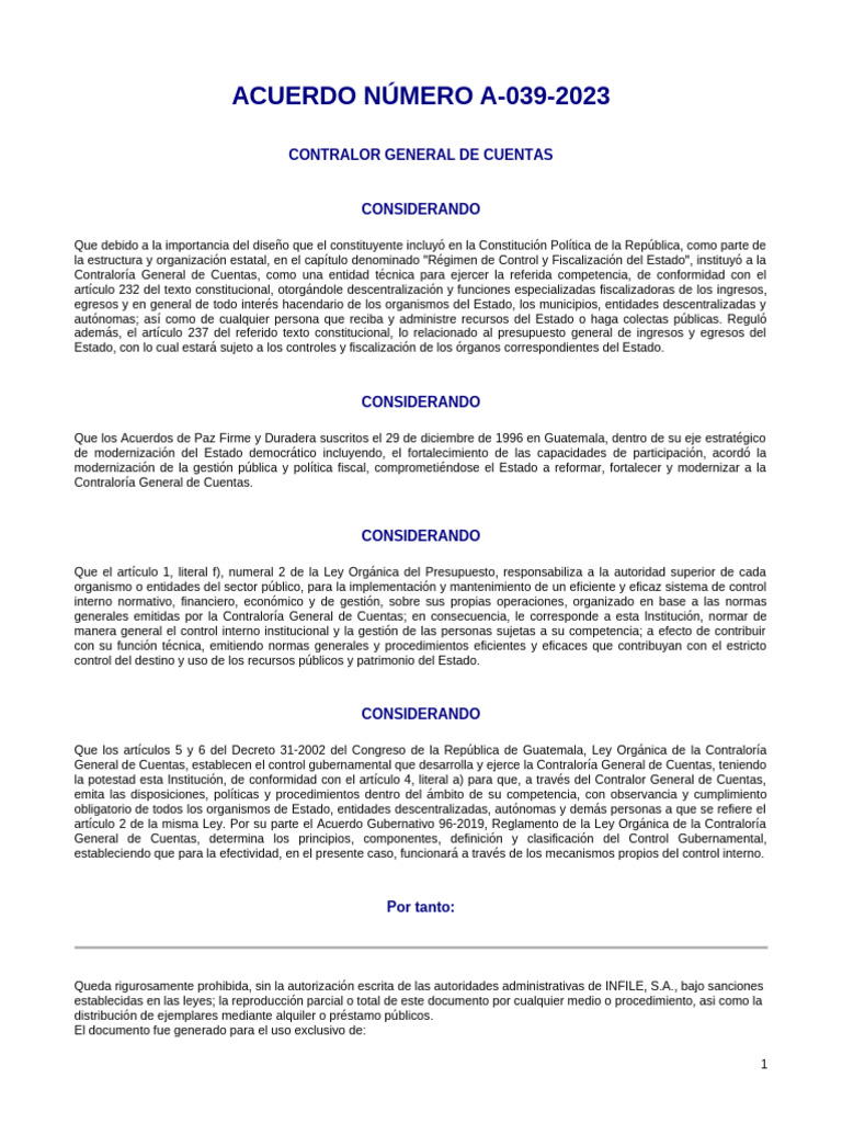 Acuerdo A-039-2023 Normas de Control Interno Gubernamental CGC | PDF | Auditoría | Responsabilidad