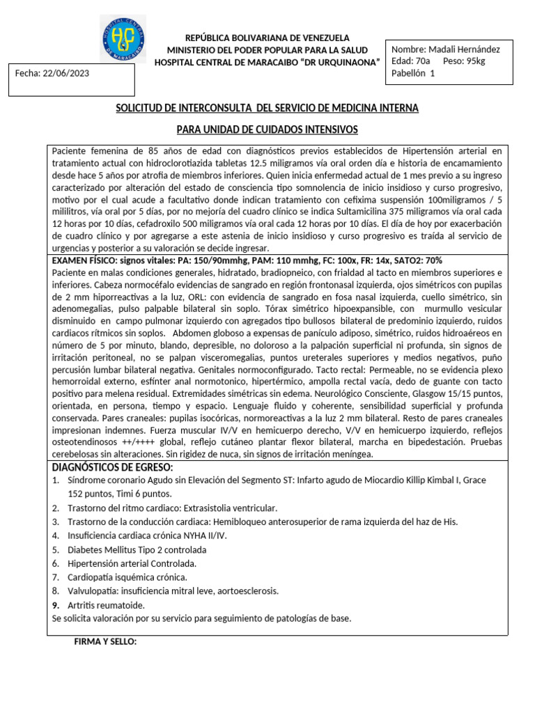 Interconsulta Medicina Interna Paciente 85 Años | PDF | Insuficiencia ...