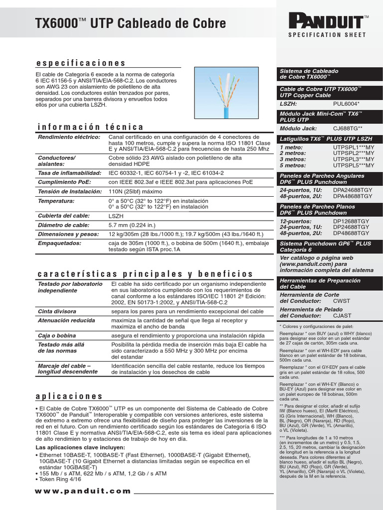 TX6000 UTP Cableado de Cobre: Especificaciones | PDF
