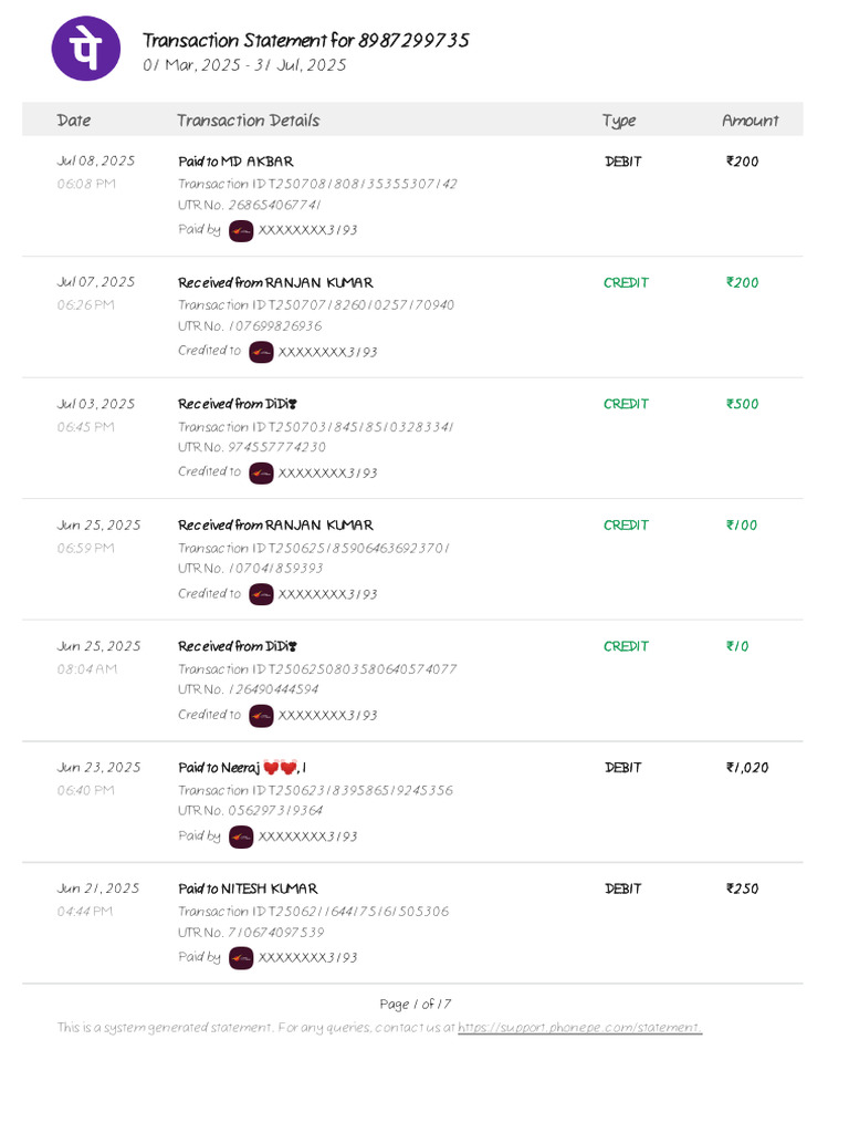 PhonePe Statement Mar2025 Jul2025 | PDF | Symbols | Typographical Symbols