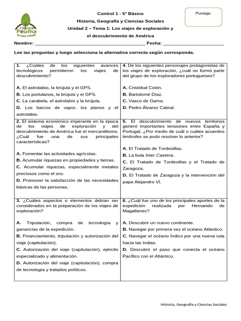 Control 1 - Unidad 2 - 5to Historia y Ciencias Sociales | PDF | Navegación | Exploración