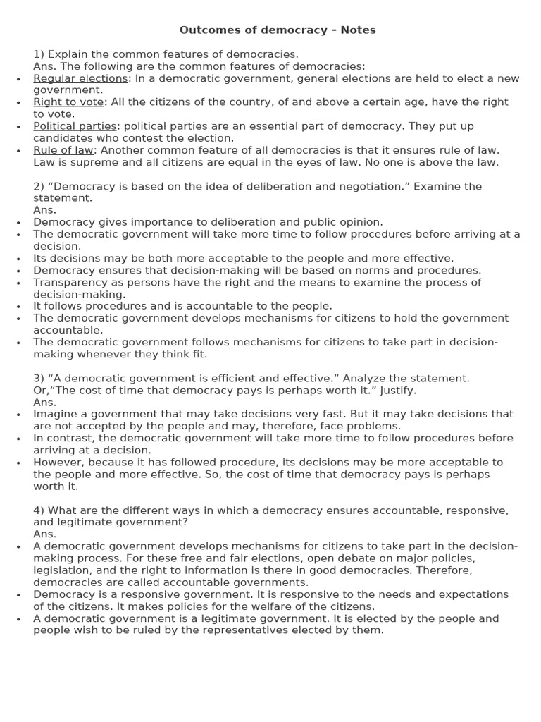 Outcomes of Democracy - 10 Notes | PDF | Democracy | Political Ideologies
