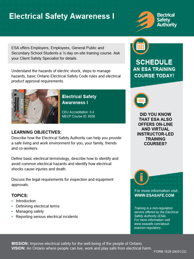 Training Information Electrical Safety Awareness I Form1528 | PDF