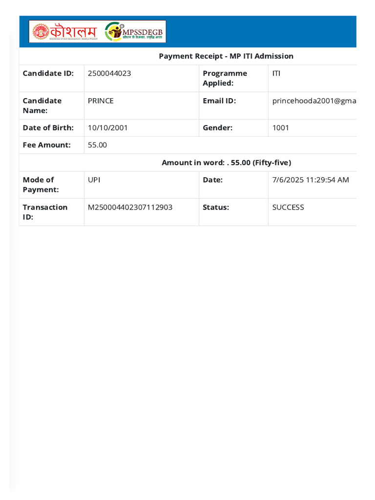 MP ITI Admission Payment Receipt | PDF
