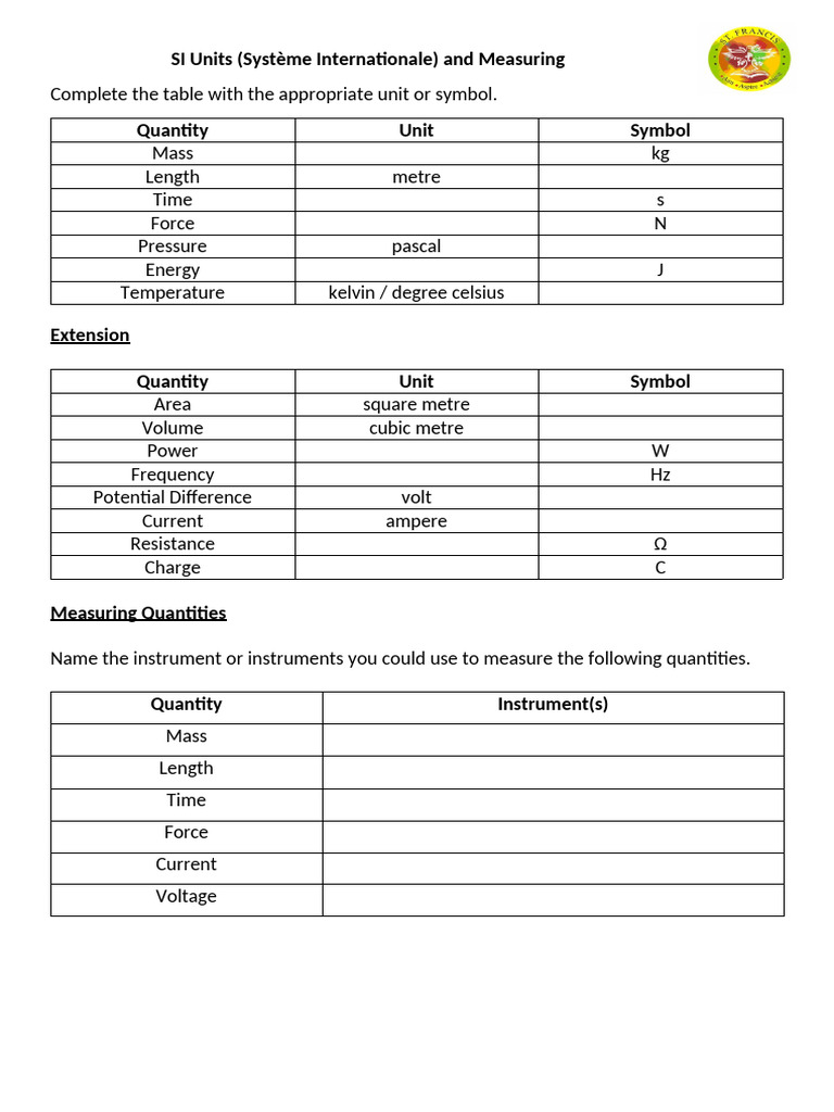 SI Units and Measuring Worksheet | PDF