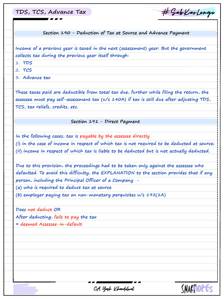 Tds Tcs SMRT Notes - Yash Khandelwal | PDF | Taxes | Payments