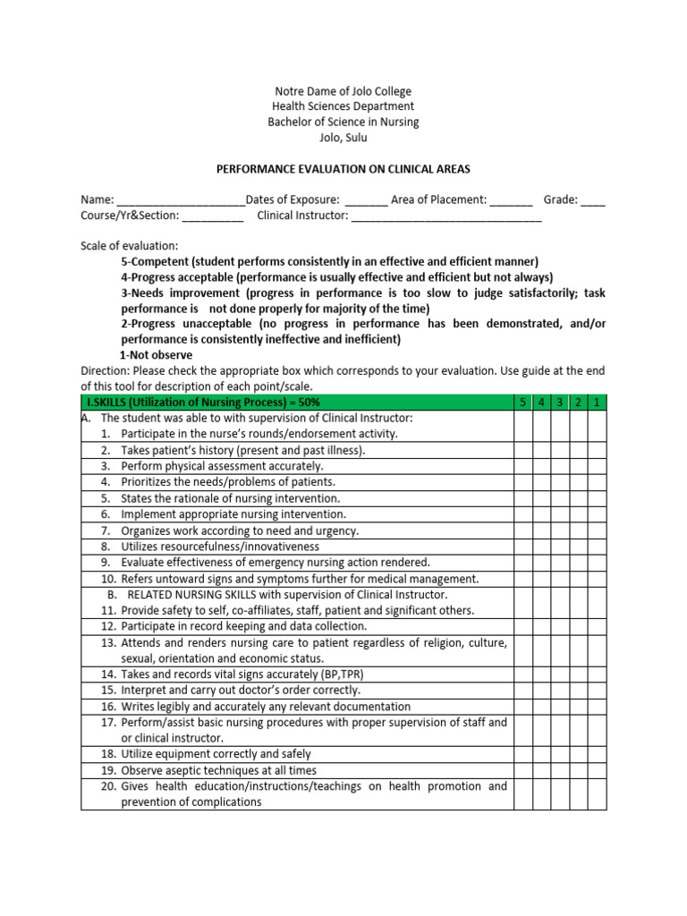Eval Form For Clinical Areas | PDF | Nursing | Medicine