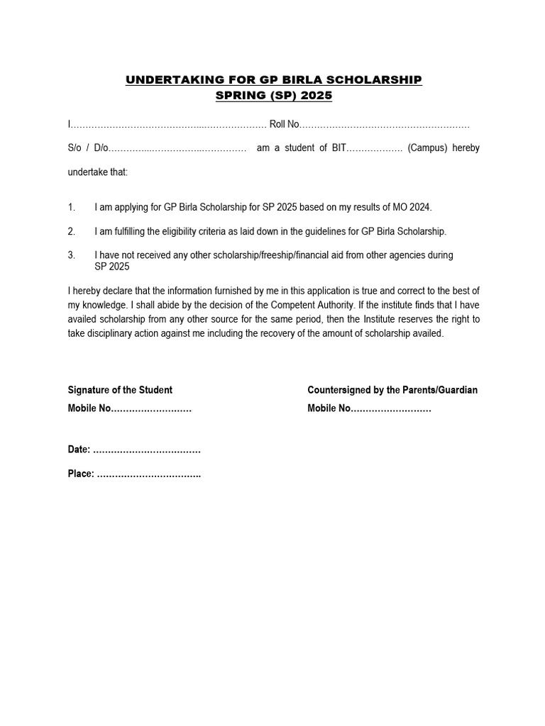 GP Birla Scholarship Undertaking Form | PDF