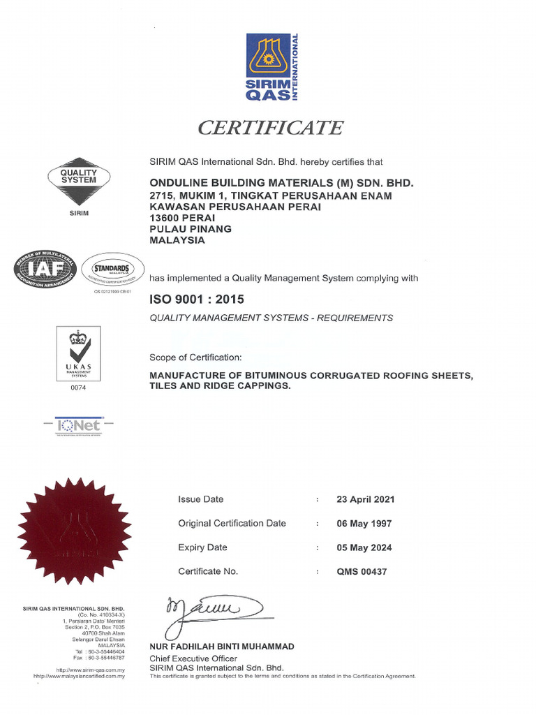 ISO 9001 Penang (2021-2024) Sirim Certificate | PDF