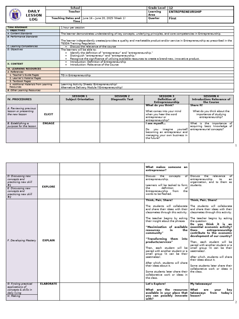 q1 Entrep Dll-Week-1 | PDF | Entrepreneurship | Learning