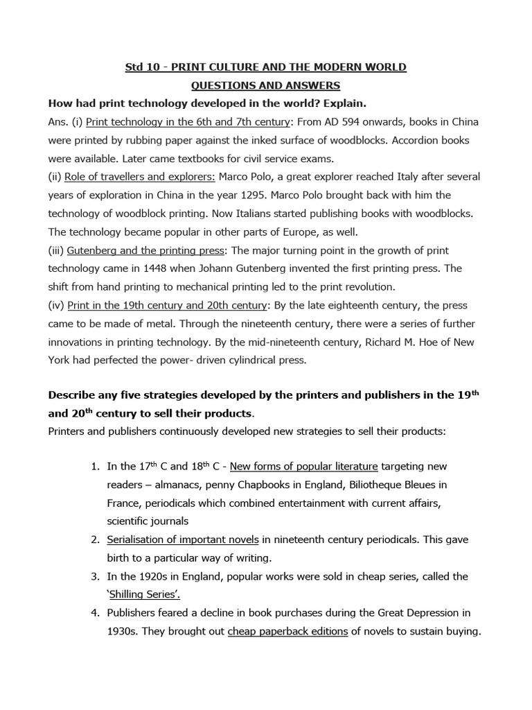 STD 10 History Print Culture Q+A | PDF | Printing | Age Of Enlightenment